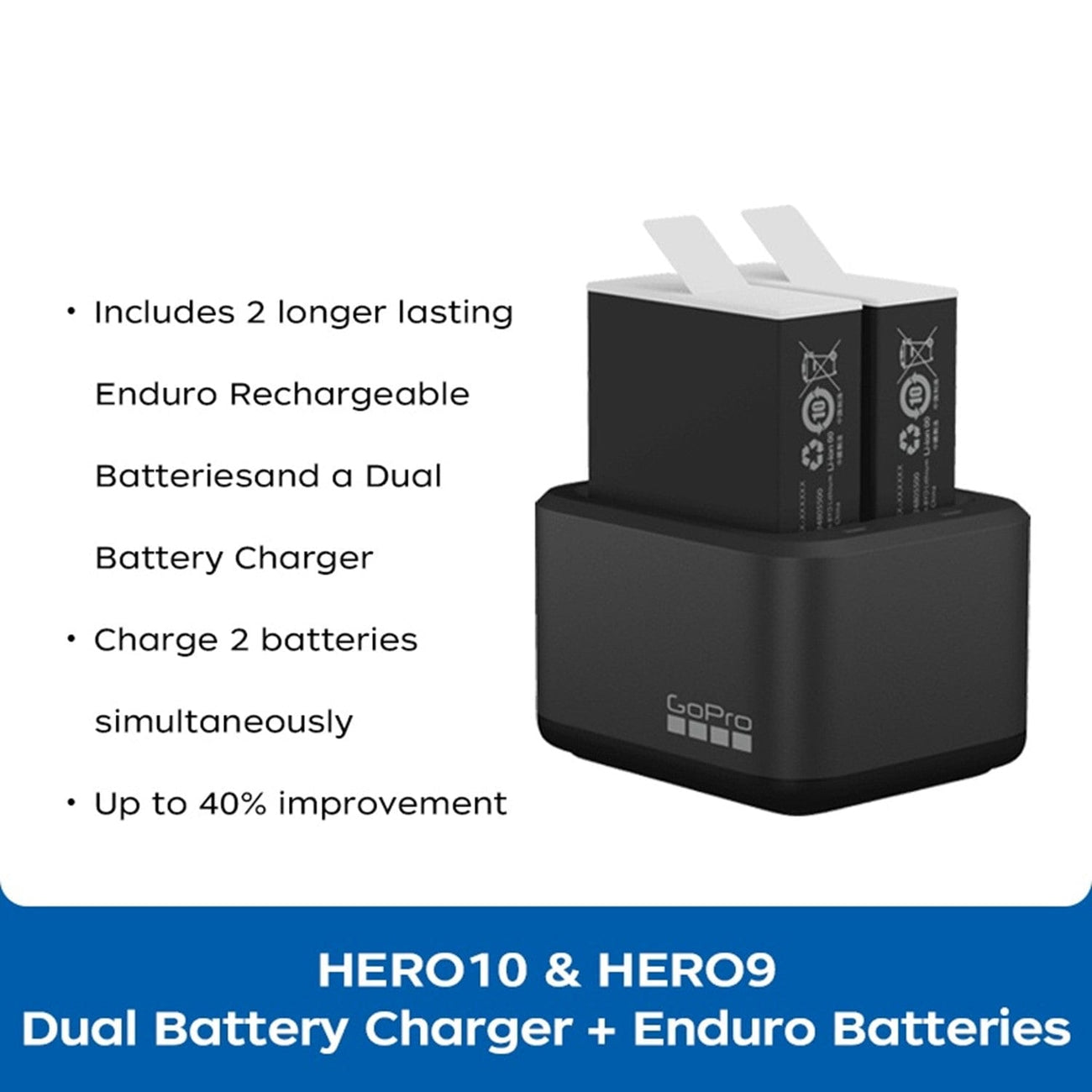 GoPro Dual Battery Charger + Enduro Batteries for Hero 12 Black / 11 B